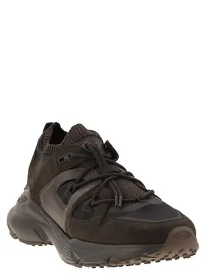 TOD'S Suede Calfskin And Technical Knit Sneakers - Brown