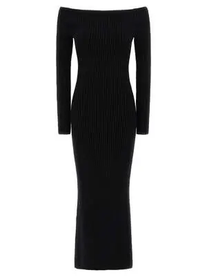 Max Mara Ribbed Off-the-shoulder Long Sleeve Maxi Dress In Wool And Cashmere Blend