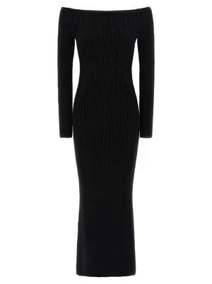 Max Mara Ribbed Off-the-shoulder Long Sleeve Maxi Dress In Wool And Cashmere Blend - Black