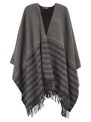 Peserico Peseric O Virgin Wool And Cashmere Cape With Lurex Threads And Fringes - Gray