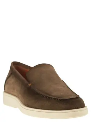 Santoni Suede Loafer With Orange Stitching - Brown