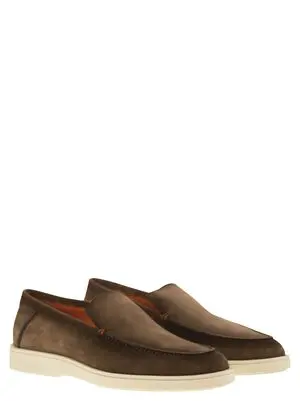 Santoni Suede Loafer With Orange Stitching - Brown