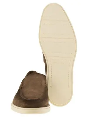 Santoni Suede Loafer With Orange Stitching - Brown