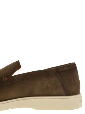 Santoni Suede Loafer With Orange Stitching - Brown