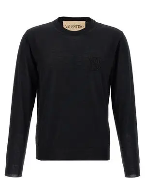 Valentino Garavani Crew Neck Logo Embroidered Sweater - Black