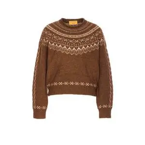 Guest In Residence Crew Neck Long Sleeve Patterned Pullover - Brown