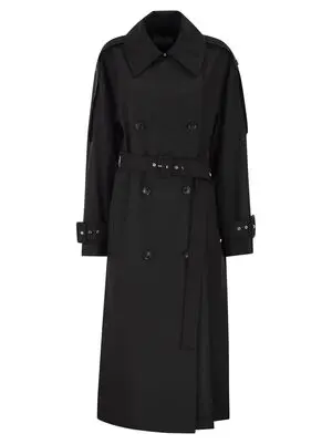 Sportmax Long Trench Coat In Water-repellent Twill - Black