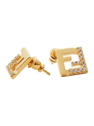 Fendi Ff Monogram Crystal Stud Earrings In Gold Tone Brass - Silver