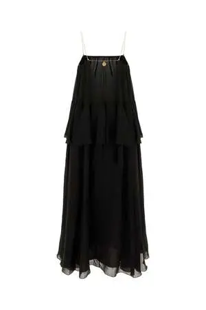 Chloé Black Ruffled Midi Dress With Gold Tone Chain Detail