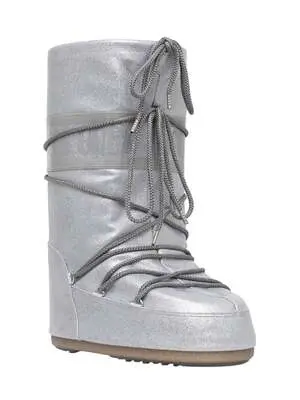 Moon Boot Icon Glitter Lace Up Boots - Silver