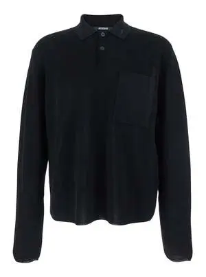 Jacquemus Black Polo Shirt With Tone-on-tone Logo On Front In Cotton Knit - Multicolor