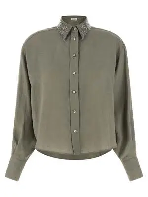 Brunello Cucinelli Linen Shirt With Sequin Collar - Green