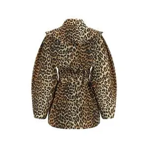 GANNI Leopard Print Trench Coat With Removable Ruffle Lapel - Brown