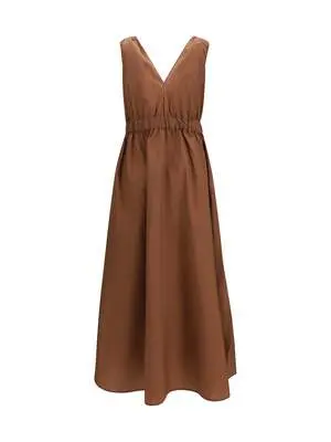 Brunello Cucinelli Cotton Poplin Dress With Embellished Shoulder Detail - Brown