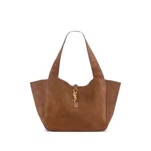 Saint Laurent Suede Tote Bag With Cassandre Logo Plaque - Brown