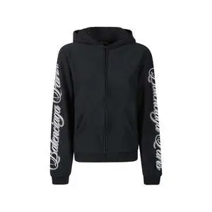 Balenciaga Logo Lettering Cotton Zip-up Hoodie - Black