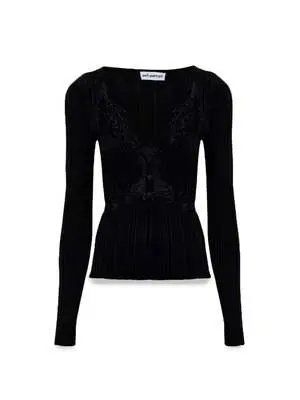 SELF-PORTRAIT Lace Trimmed Ribbed Knit Top - Multicolor