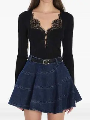 SELF-PORTRAIT Lace Trimmed Ribbed Knit Top - Multicolor