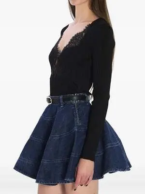 SELF-PORTRAIT Lace Trimmed Ribbed Knit Top - Multicolor