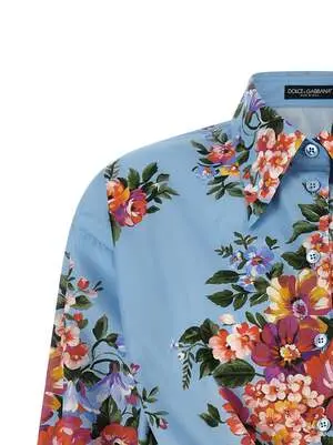 Dolce & Gabbana Mazzo Di Fiori' Print Cotton Cropped Shirt - Blue