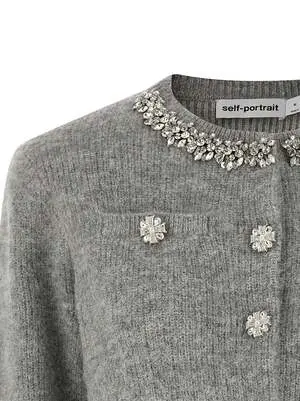 SELF-PORTRAIT Grey Fluffy Crystal Trim Alpaca & Wool Blend Cardigan - Gray