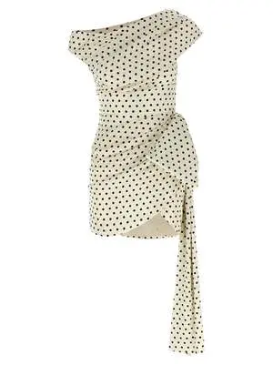SELF-PORTRAIT Polka Dot Satin Asymmetrical Draped Mini Dress - Multicolor