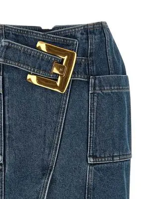 Balmain Belted Denim Skirt With Maxi Buckle Detail