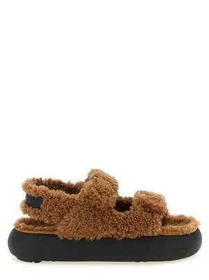Moon Boot Shearling Sandals With Embossed Logo - Brown