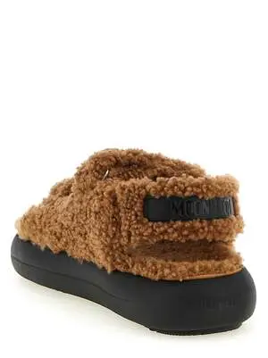 Moon Boot Shearling Sandals With Embossed Logo - Brown