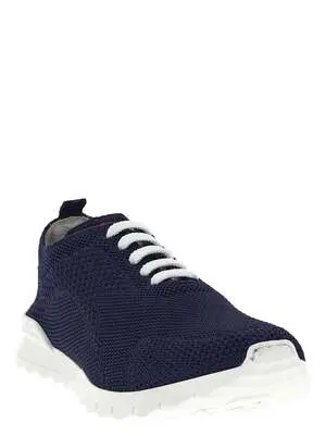 Kiton Mesh Technical Fabric Lace-up Sneakers With Embroidered Logo - Blue