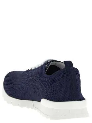 Kiton Mesh Technical Fabric Lace-up Sneakers With Embroidered Logo - Blue