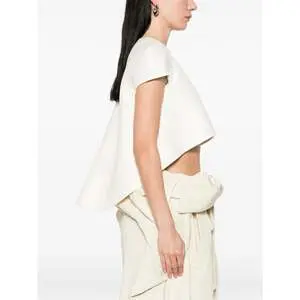 Balenciaga White Silk And Wool Blend Short Sleeve Cropped Blouse