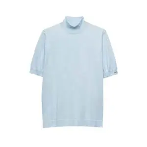 Prada Light Ribbed Knit Embroidered Logo Lettering Short Sleeve T-shirt - Blue