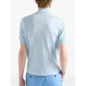 Prada Light Ribbed Knit Embroidered Logo Lettering Short Sleeve T-shirt - Blue