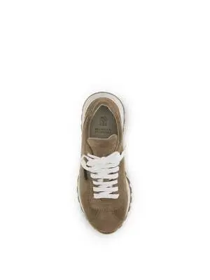Brunello Cucinelli Suede Lace-up Sneakers With Embellished Detailing - Cream