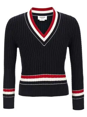 Thom Browne Rwb Intarsia V-neck Sweater - Blue