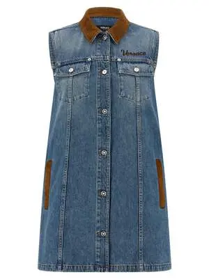 Versace Denim A-line Dress With Suede Pockets - Blue