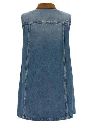 Versace Denim A-line Dress With Suede Pockets - Blue