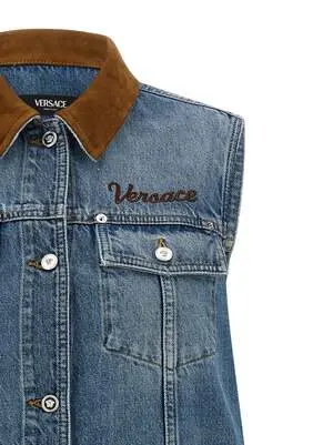 Versace Denim A-line Dress With Suede Pockets - Blue