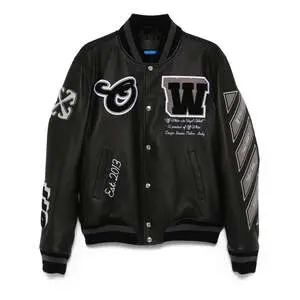 Off-White Leather Bomber Jacket With Logo Appliqu