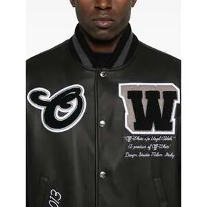Off-White Leather Bomber Jacket With Logo Appliqu