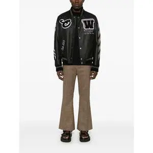 Off-White Leather Bomber Jacket With Logo Appliqu
