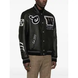 Off-White Leather Bomber Jacket With Logo Appliqu