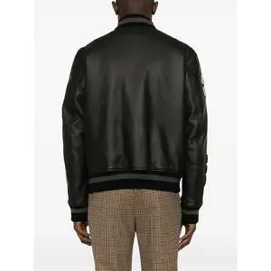 Off-White Leather Bomber Jacket With Logo Appliqu