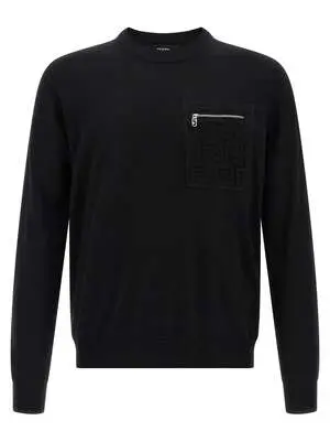 Fendi Wool Sweater With Embossed Ff Logo Pocket - Black