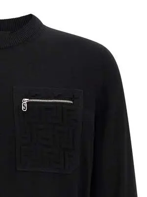 Fendi Wool Sweater With Embossed Ff Logo Pocket - Black