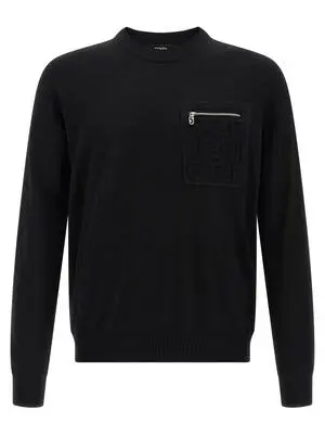 Fendi Wool Sweater With Embossed Ff Logo Pocket - Black