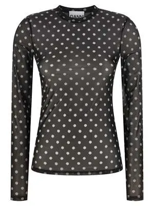 GANNI Printed Sheer Crew Neck Long Sleeve Sweater - Black