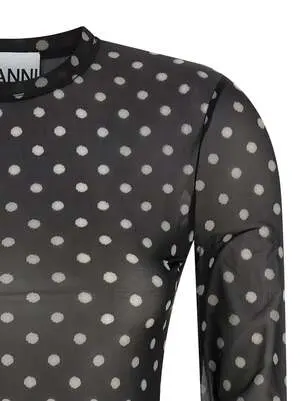 GANNI Printed Sheer Crew Neck Long Sleeve Sweater - Black