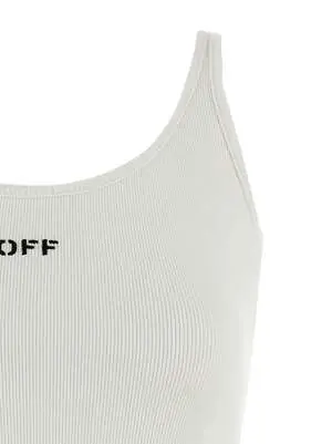 Off-White Ribbed Stretch Cotton Top With Contrast Logo - White